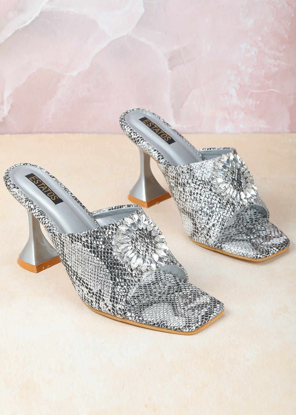 Get Pu Pointed Heeled Silver Color Sandals at ₹ 899 | LBB Shop