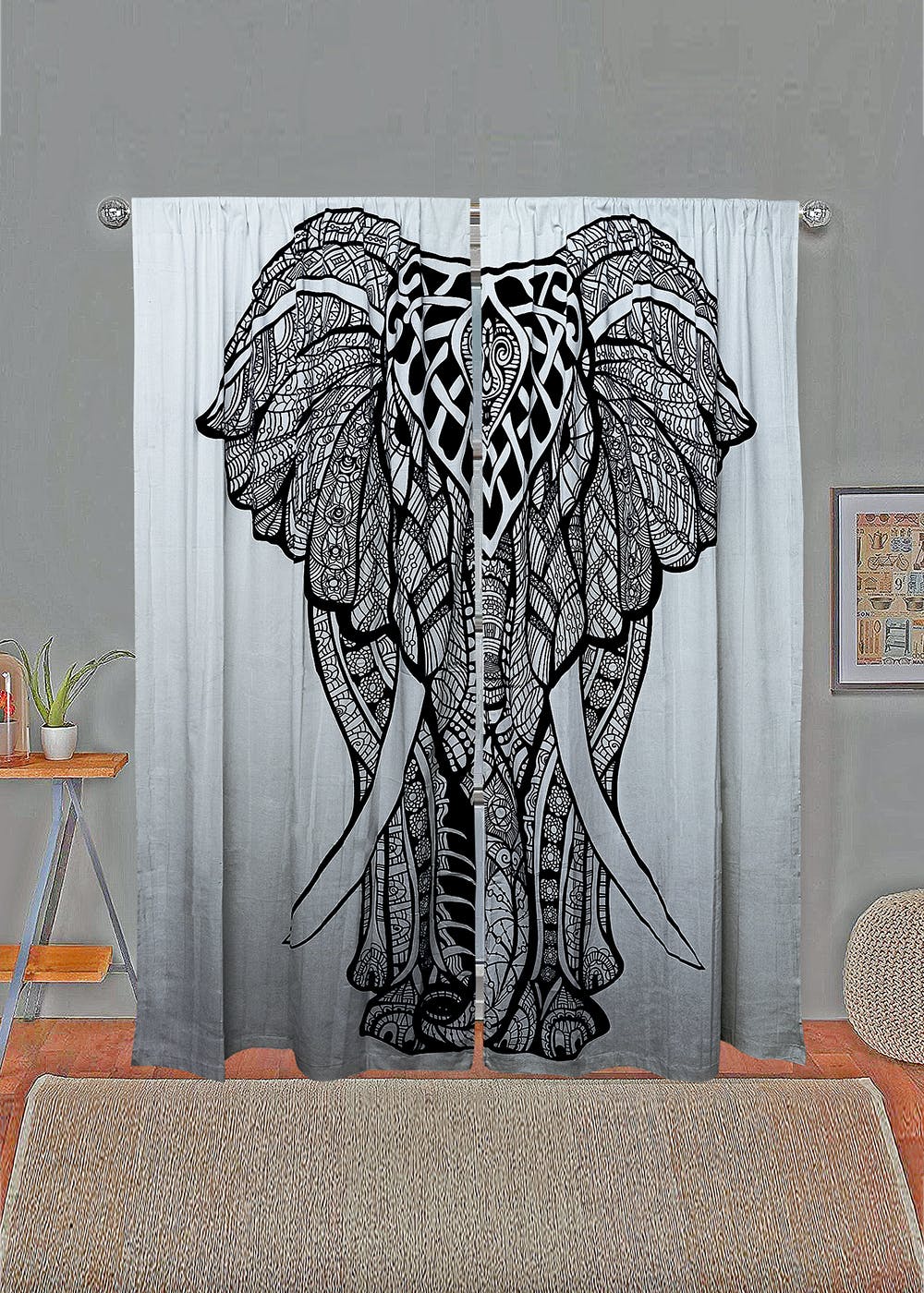 Get Cotton Black & White Printed Elephant Curtain - 6.5ft (Set of 2) at ...