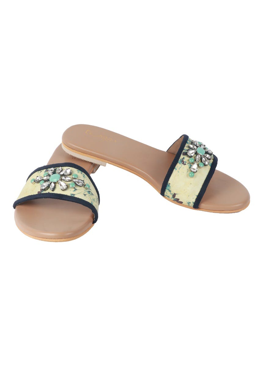 Get Stone Embellished Yellow Slides at ₹ 950 | LBB Shop