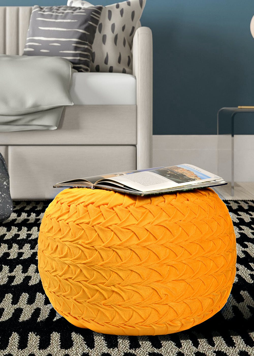 Get Smocking Velvet Pouffe In Yellow Colour at ₹ 1299 | LBB Shop