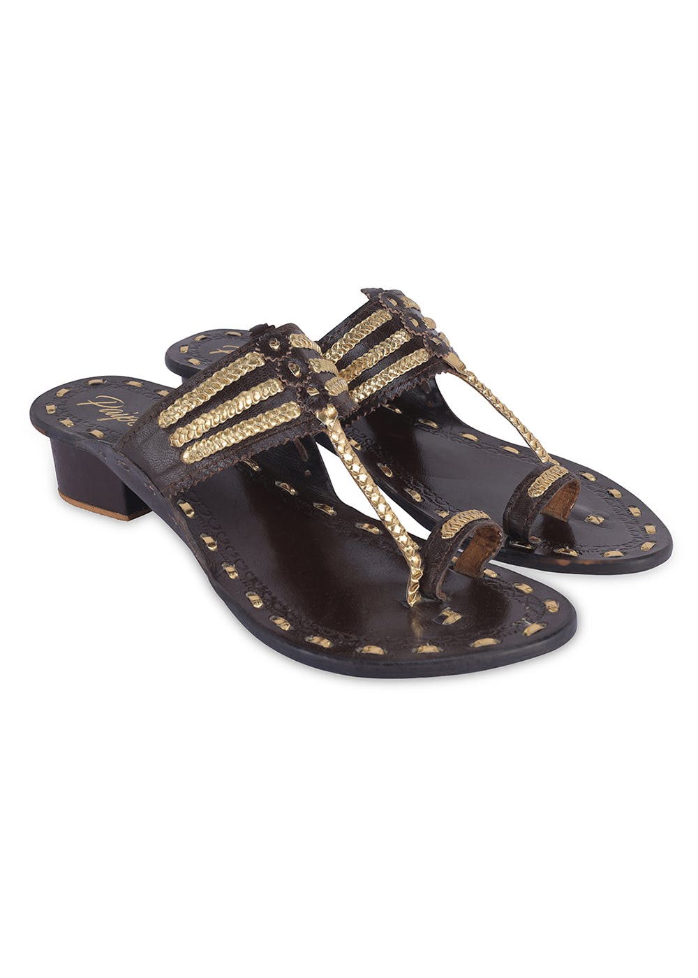 Get Dark Brown Vintage Kolhapuris With Gold Braids Box Heels at ₹ 1559 ...