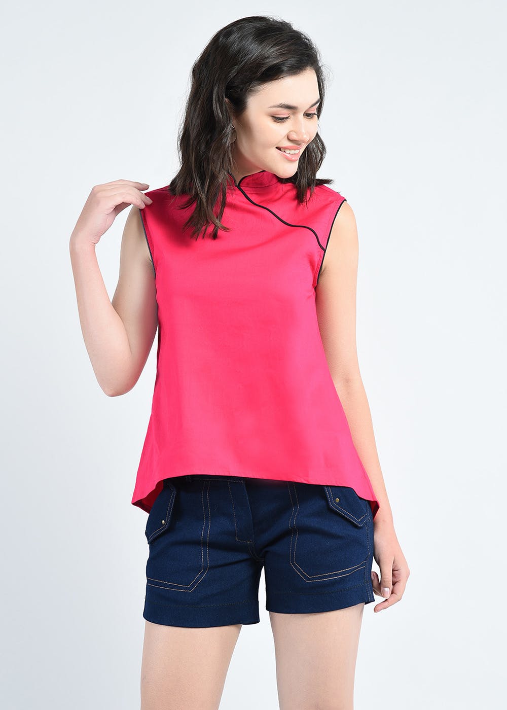 Get Contrast Piping Detail Mandarin Collar Top at ₹ 659 | LBB Shop