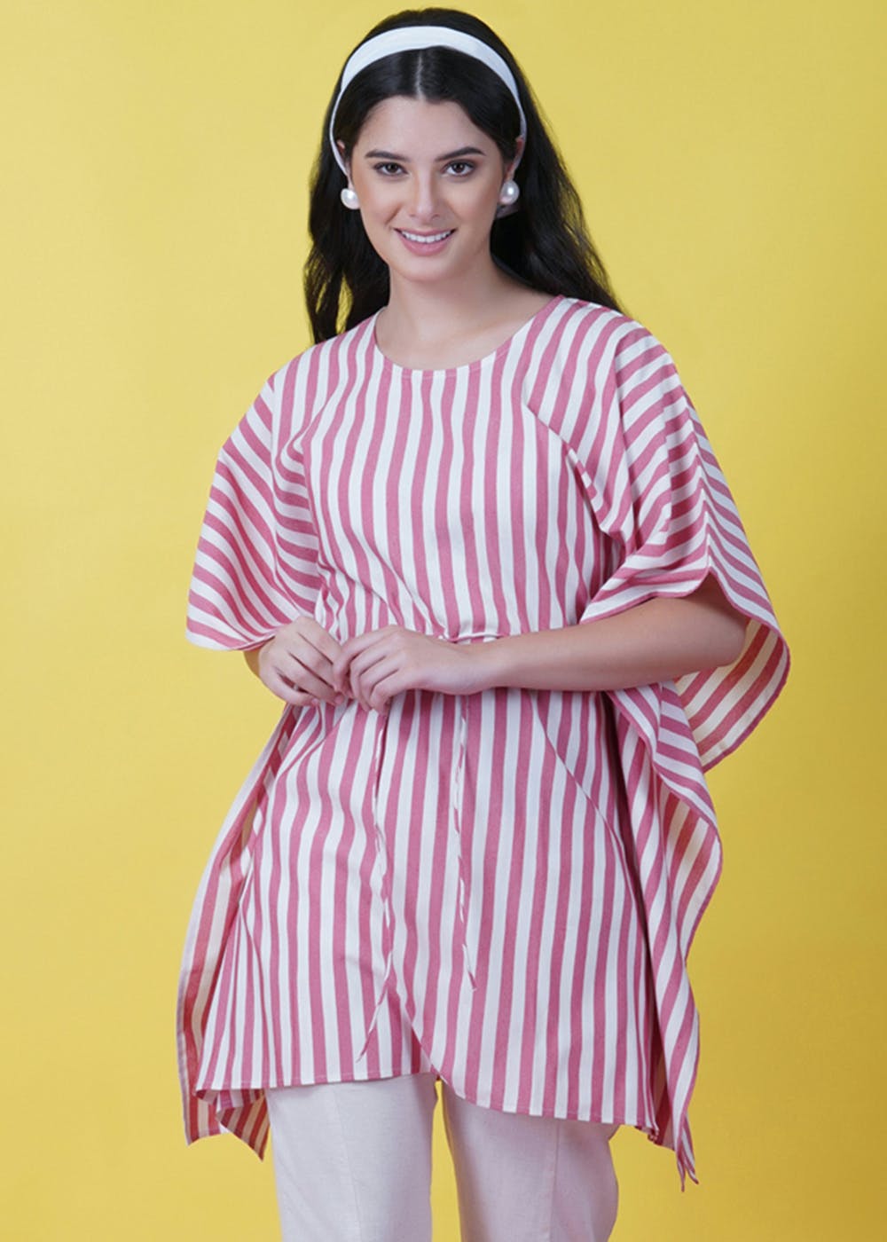 Get Red Stripe Cotton Short Kaftaan With A Tie Up at ₹ 2250 | LBB Shop