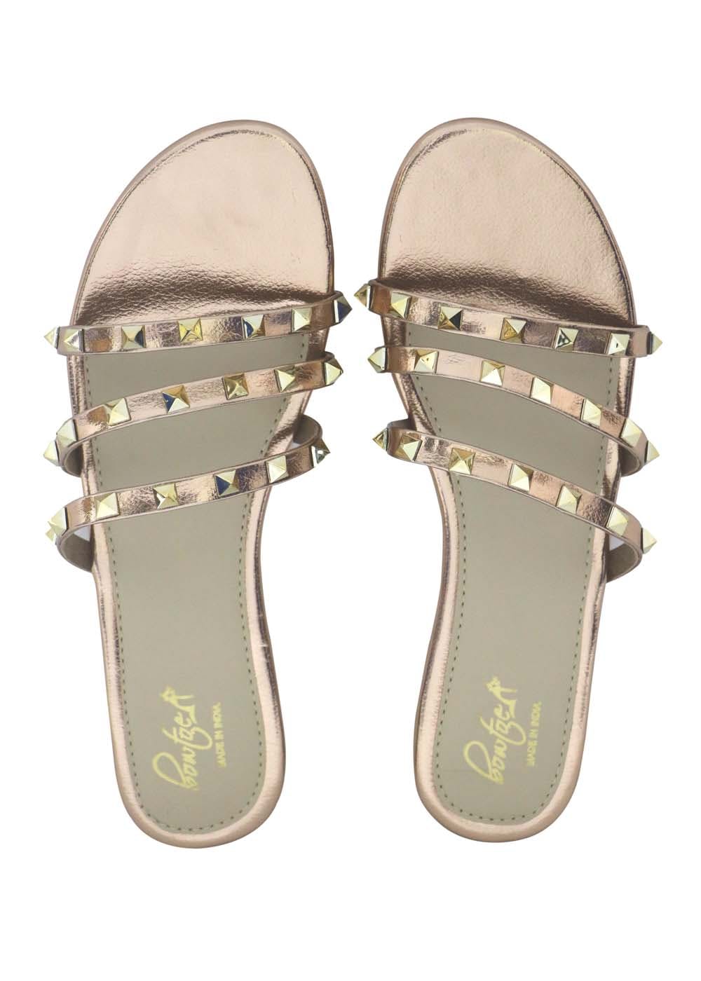 Get Pyramid Stud Detail Solid Triple Strap Flats at ₹ 2000 | LBB Shop