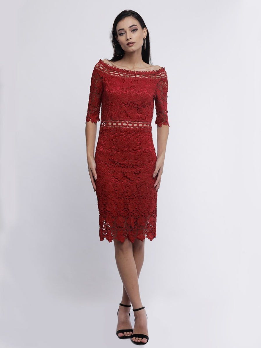Get Off-Shoulder Cut-Out Lace Dress at ₹ 1750 | LBB Shop