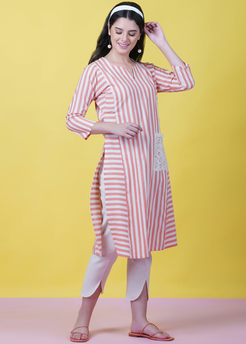 Get Orange Stripe Kurta With A Lace Pocket And Harem Pant Full Sets at ...