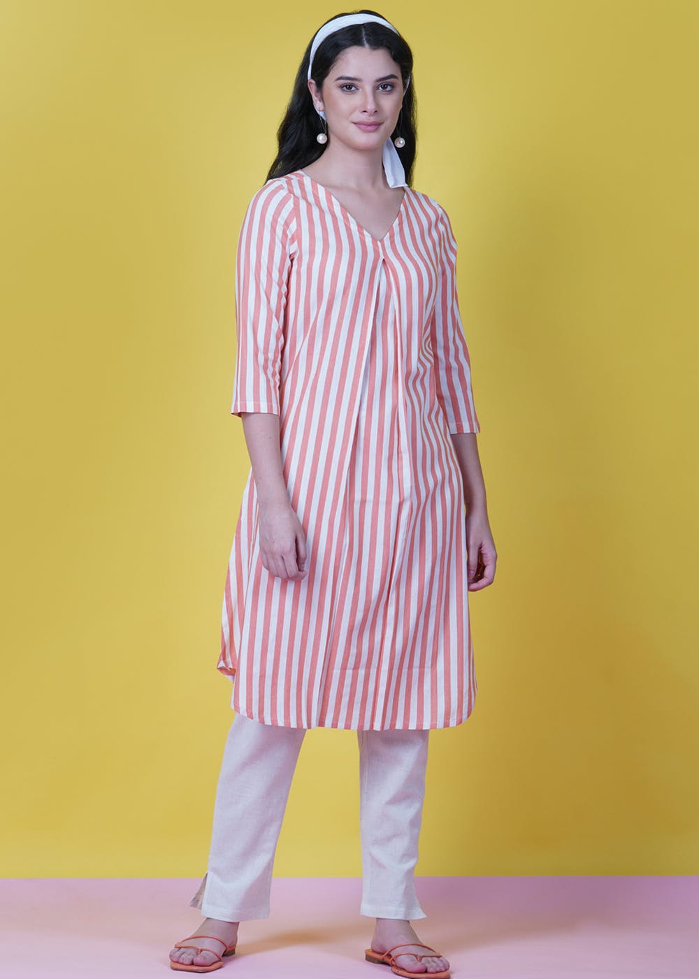 Get Orange And White Stripe Cotton Kurta With V Neck And A Front Pleat And Flex Basic Pant Full ...