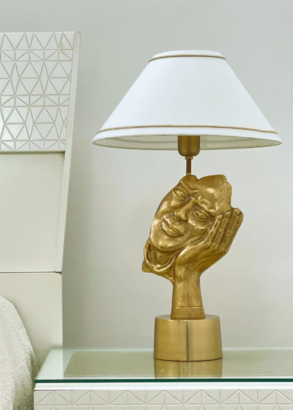Get Gold Toned Face Table Lamp at ₹ 3999 | LBB Shop