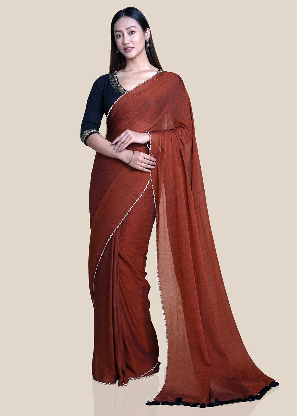 Get Rust Brown Mul Cotton Saree With Golden Scallops at ₹ 2501 | LBB Shop