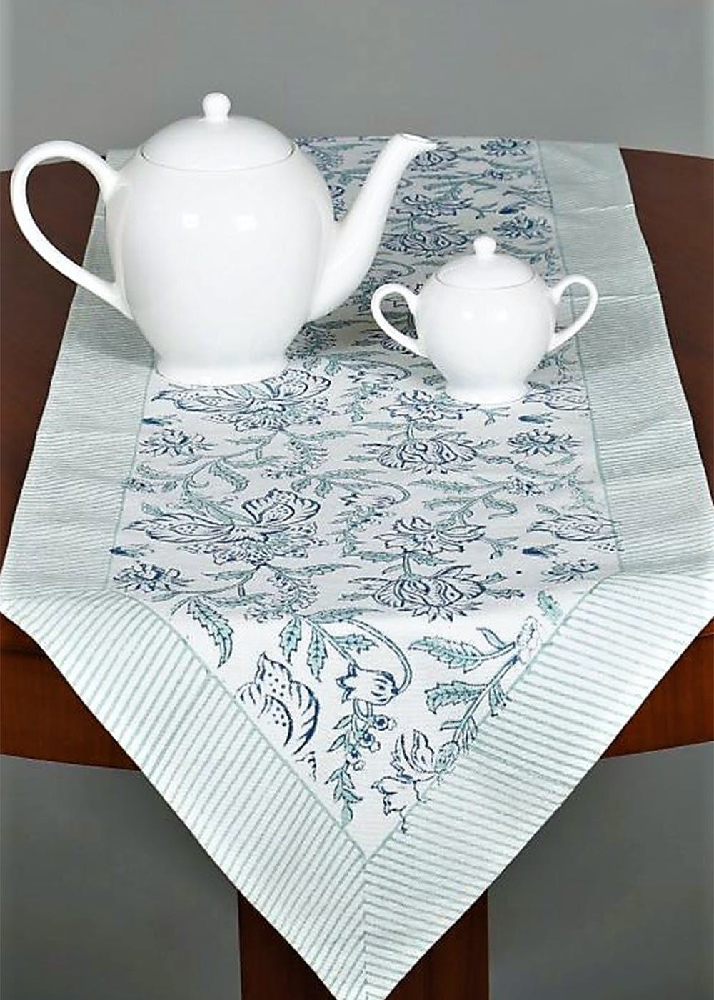 Get Grey Blue Blossom Hand Block Printed Table Runner at ₹ 900 | LBB Shop