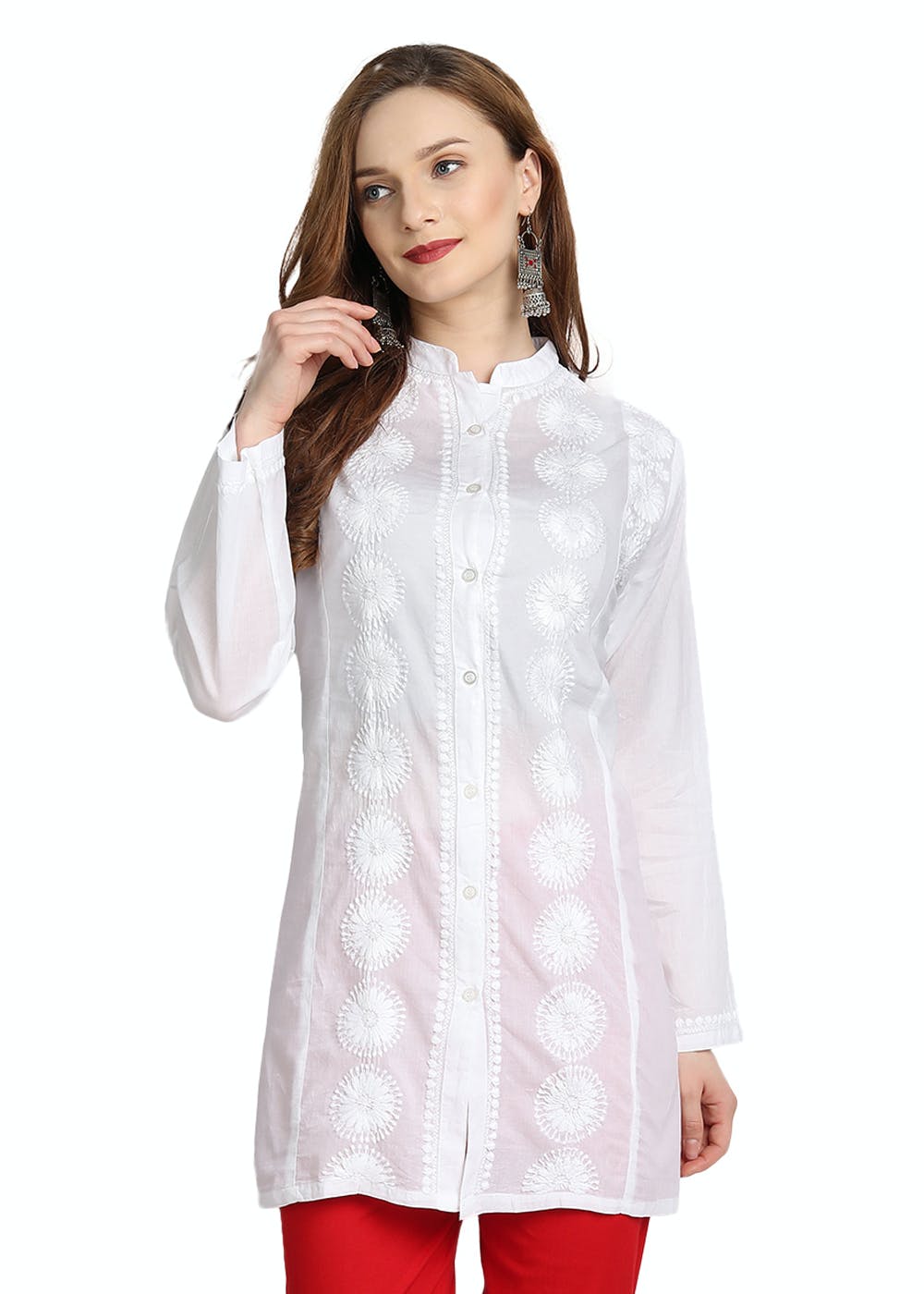 Get White Floral Chikankari Button Down Tunic at ₹ 1399 | LBB Shop