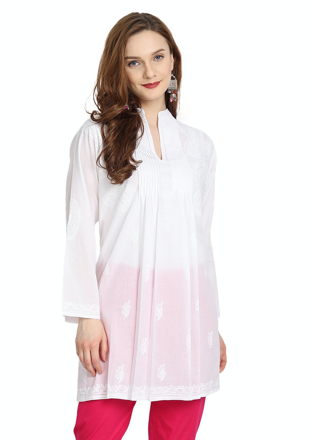 Get Pintuck Detail White Floral & Paisley Chikankari Tunic at ₹ 1299 | LBB Shop