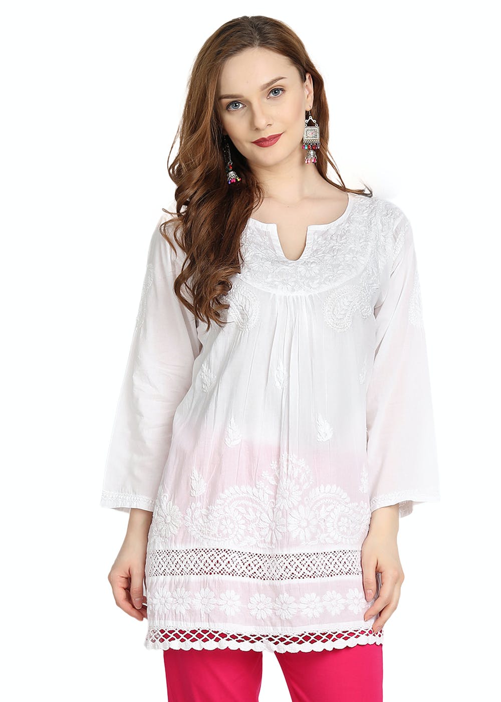 Get Cut Out & Pom-Pom Hem Detail White Chikankari Tunic at ₹ 1249 | LBB Shop