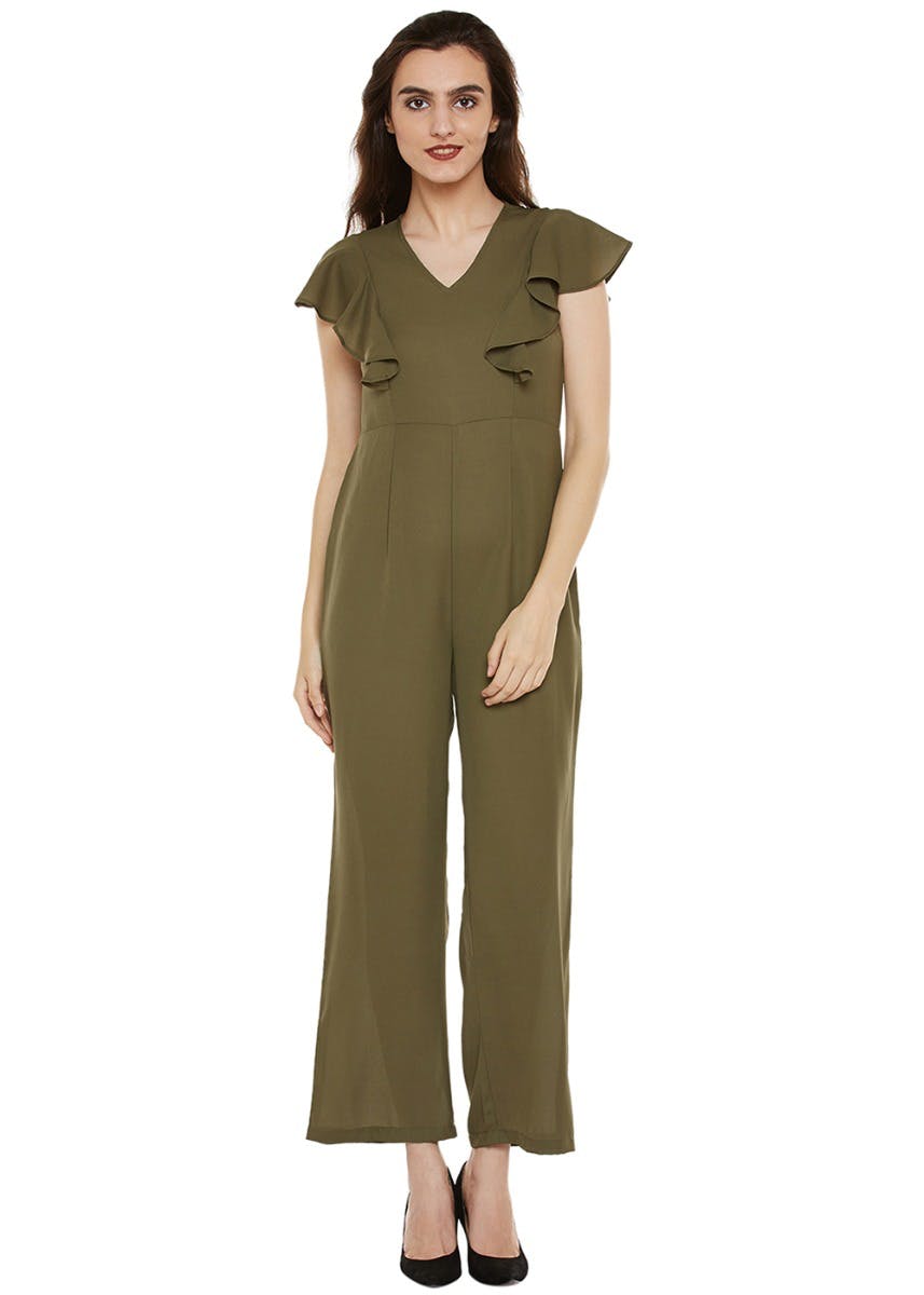 Get Solid Olive Ruffle Sleeves Jumpsuit at ₹ 899 | LBB Shop