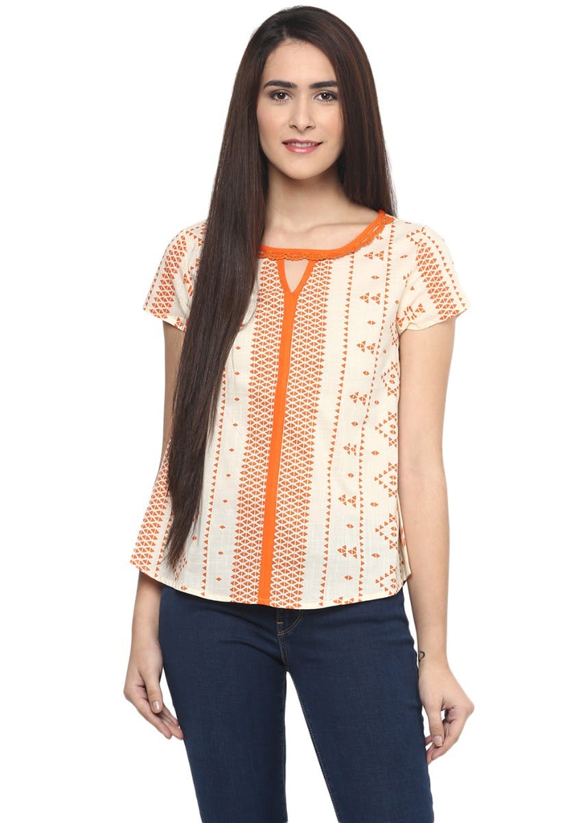 Get Tangerine Triangle Print Off White Top at ₹ 350 | LBB Shop