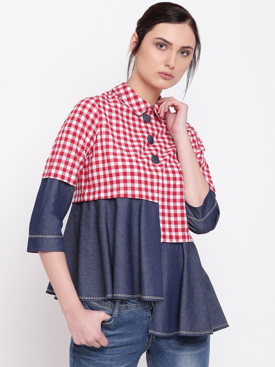 Get Chequered Button Detail Asymmetric Top at ₹ 2100 | LBB Shop
