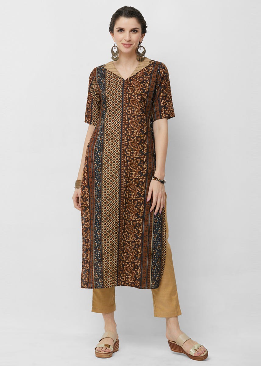 Get Brown Multi Print Long Straight Tunic at ₹ 699 | LBB Shop