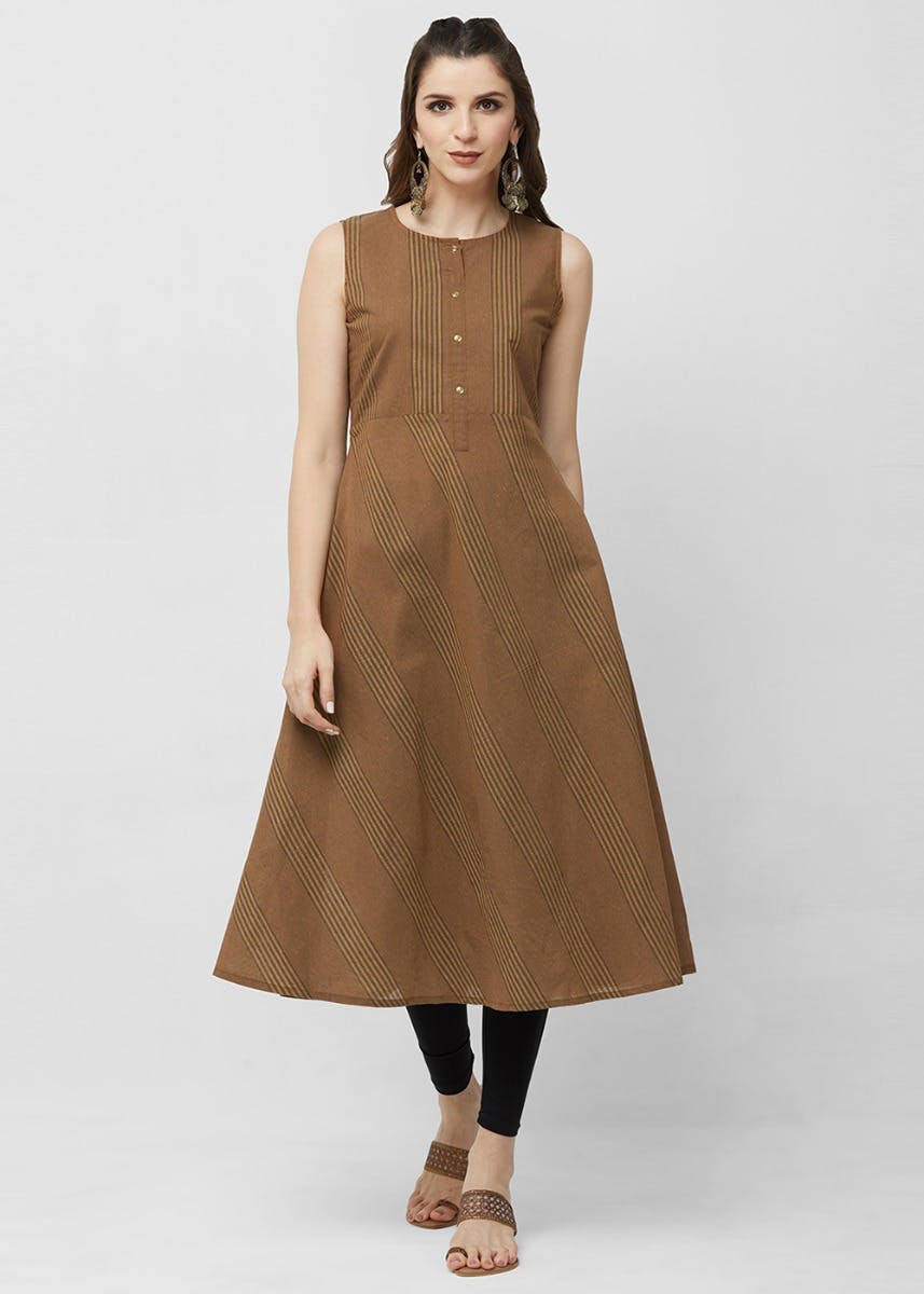 Get Brown Striped Flared Sleeveless Tunic at ₹ 909 | LBB Shop
