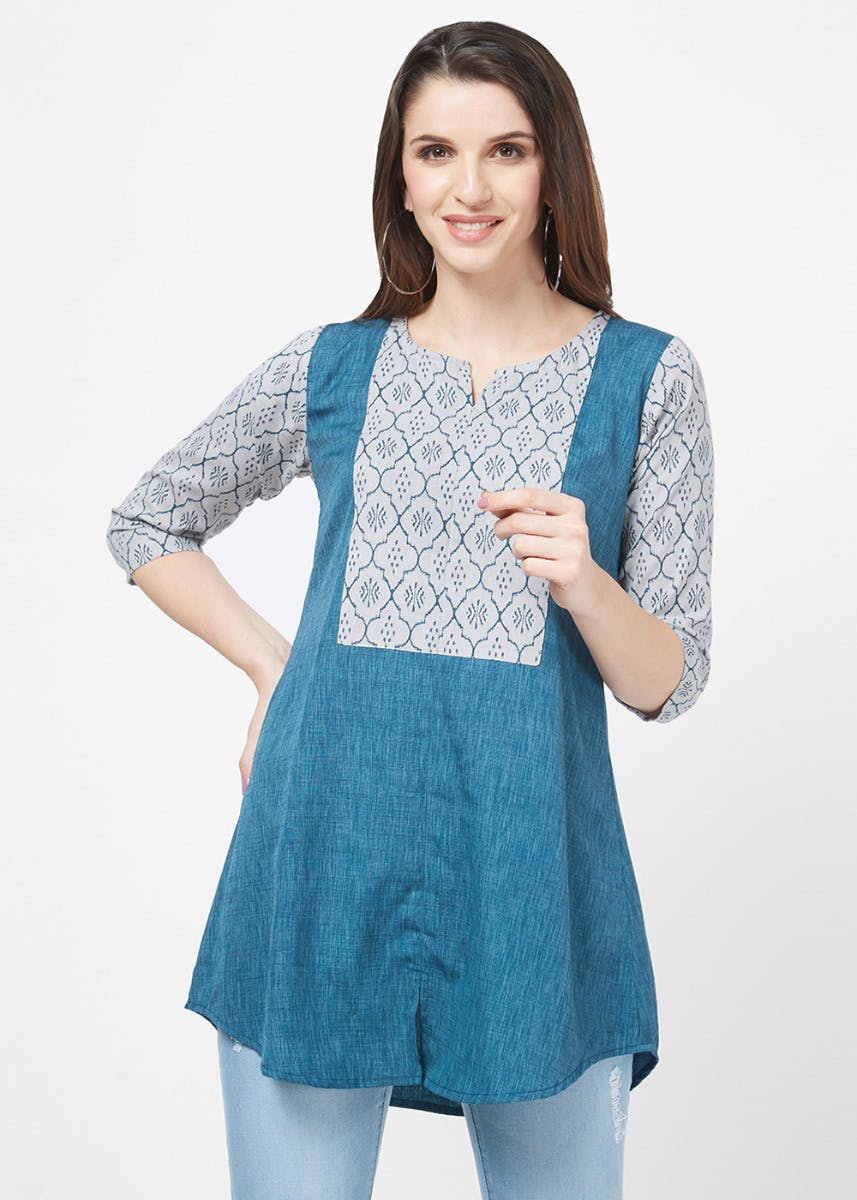 Get Printed Yoke & Sleeves Textured Blue Tunic at ₹ 839 | LBB Shop