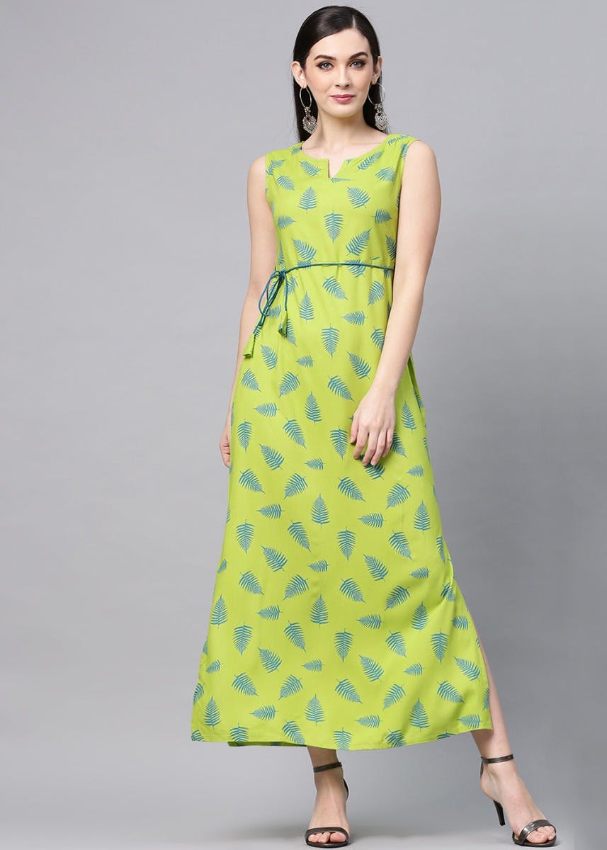 Get Contrast Leaf Print Side Slit Maxi Dress At ₹ 1250 Lbb Shop
