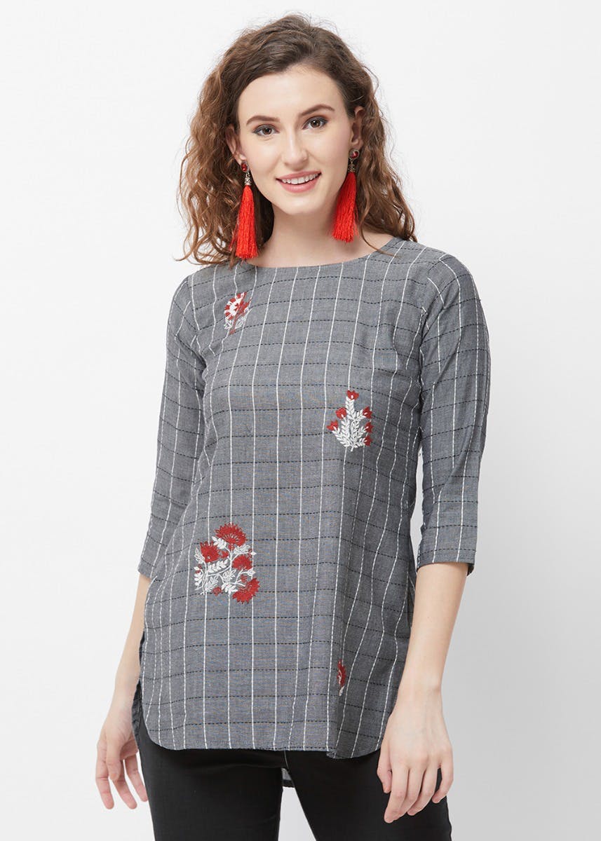 Get Flower Embroidered Chequered Grey Tunic at ₹ 839 | LBB Shop