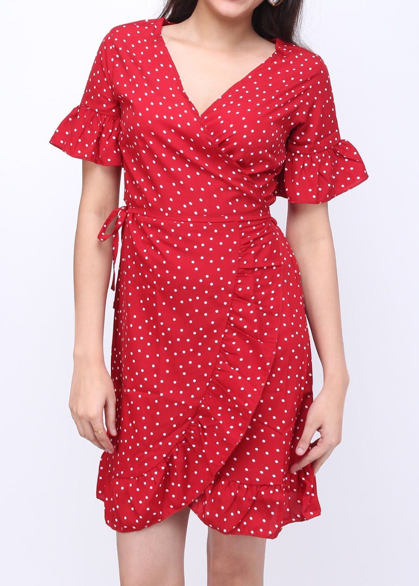 Get Polka Dots Print Red Wrap Dress at ₹ 899 | LBB Shop