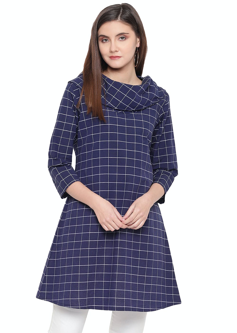 Get Blue Checkered Cowl Neck A-Line Tunic at ₹ 950 | LBB Shop