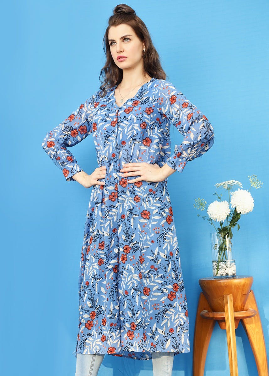 Get Floral Print Button-Up Long-Line Jacket at ₹ 1199 | LBB Shop