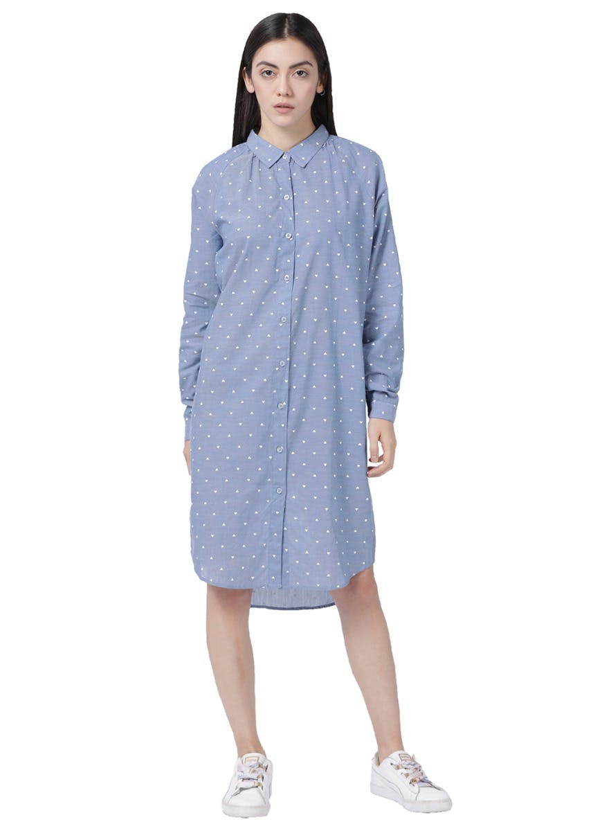 Get Heart Print Blue Shirt Dress at ₹ 799 | LBB Shop