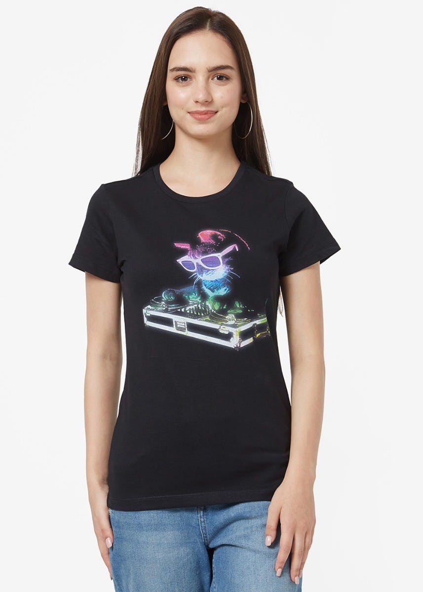Get DJ Cat Print Black T-Shirt at ₹ 499 | LBB Shop