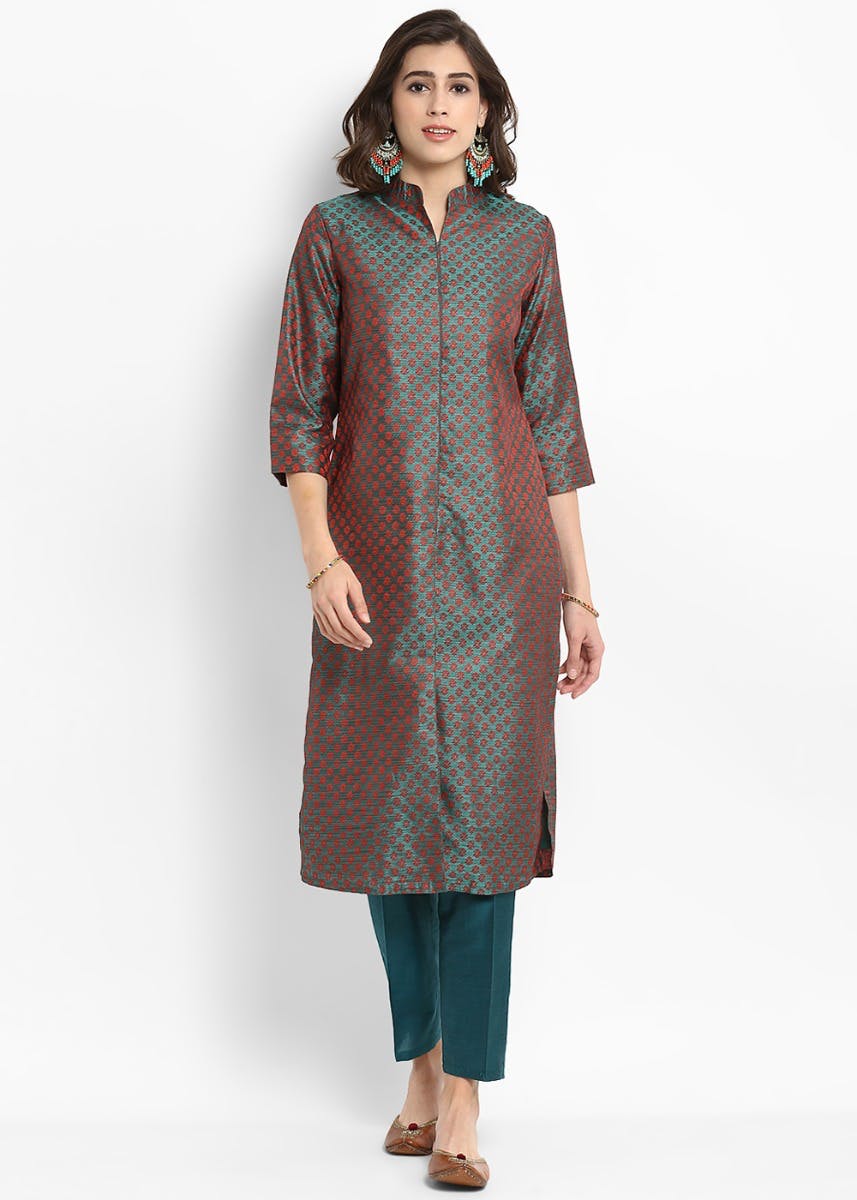 Get Button Down Brocade Embroidered Slit Tunic with Pants Set at ₹ 2309 ...