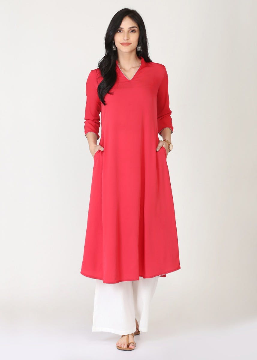 Get Solid Pink V Neck Tunic with Palazzo Set at ₹ 2309 | LBB Shop