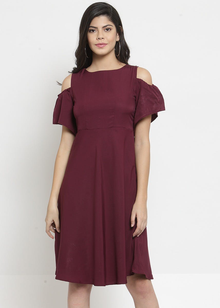 Get Cold Shoulder Fit and Flare Solid Dress at ₹ 965 | LBB Shop