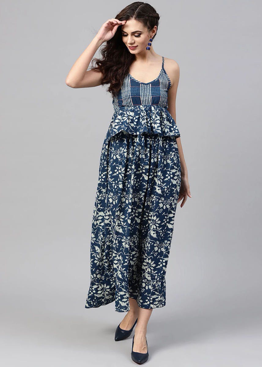 Get Ruffled Waist Printed Blue Maxi Dress At ₹ 1189 Lbb Shop