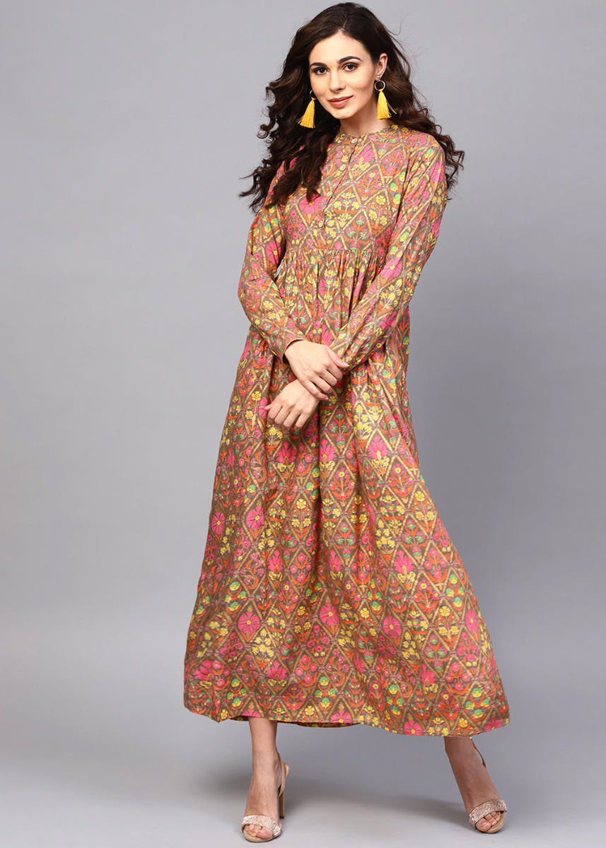 Get Floral Printed Pleated High Neck Maxi Dress At ₹ 1189 Lbb Shop