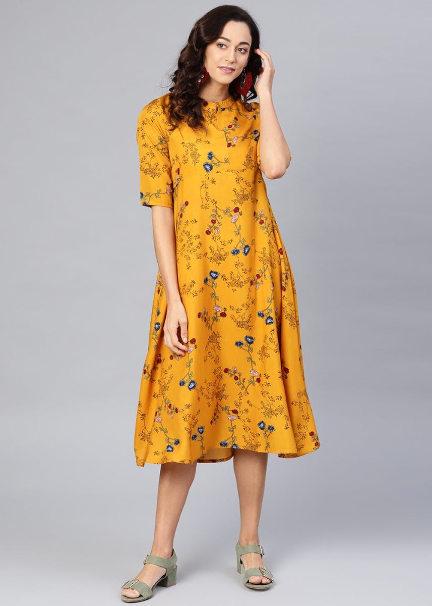Get Delicate Floral Print Yellow Pleated Dress at ₹ 516 | LBB Shop