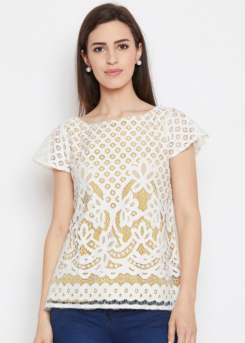 Get Handmade White Floral Lace Top at ₹ 1025 | LBB Shop