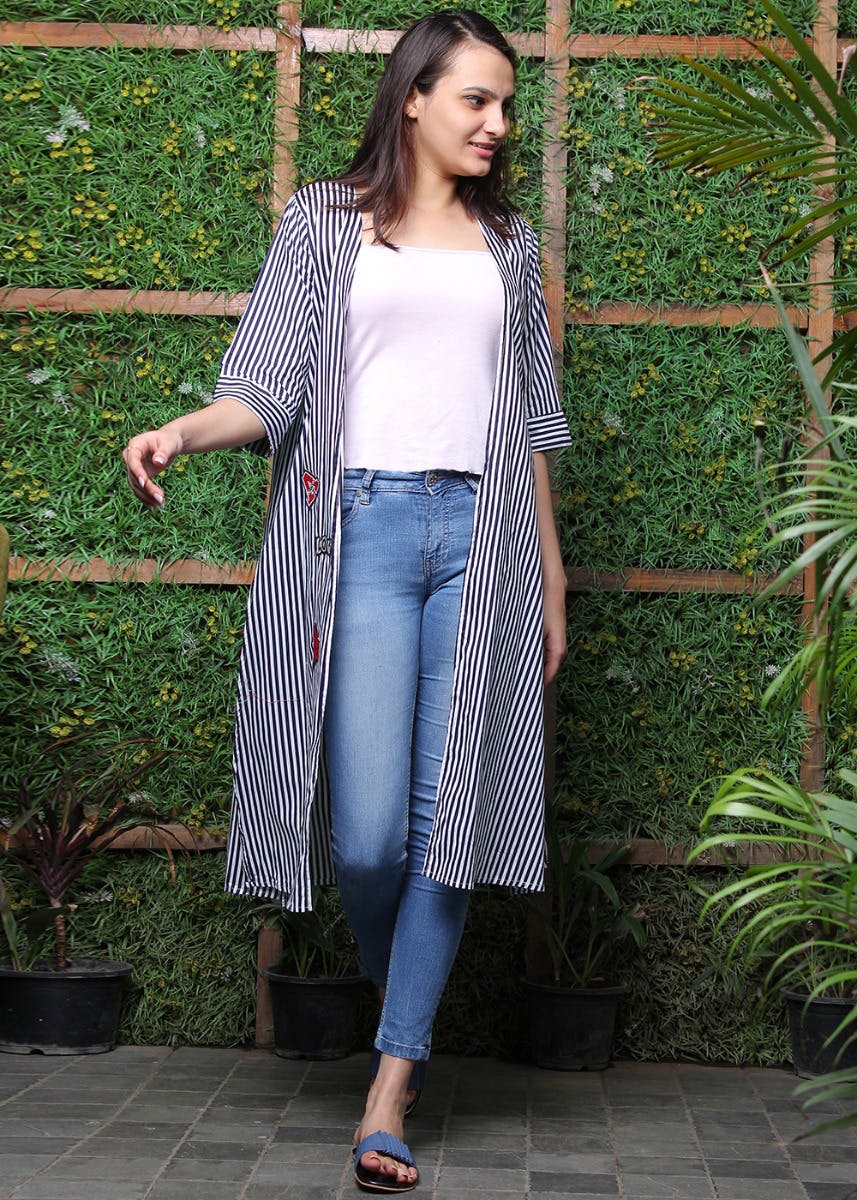 Get Contrast Stripes Blue Longline Jacket at ₹ 1099 | LBB Shop