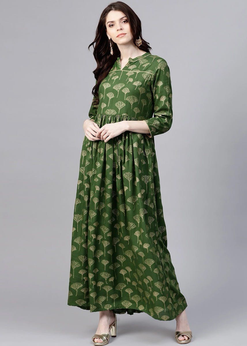 Get Gold Floral Motif Solid Pleated Maxi Dress At ₹ 1189 Lbb Shop