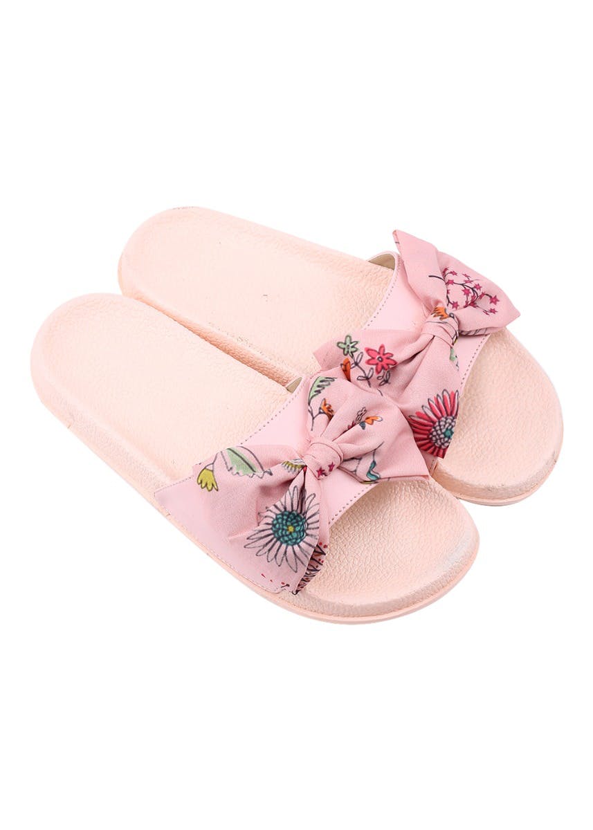 Get Printed Bow Embellished Pink Slides at ₹ 1199 | LBB Shop