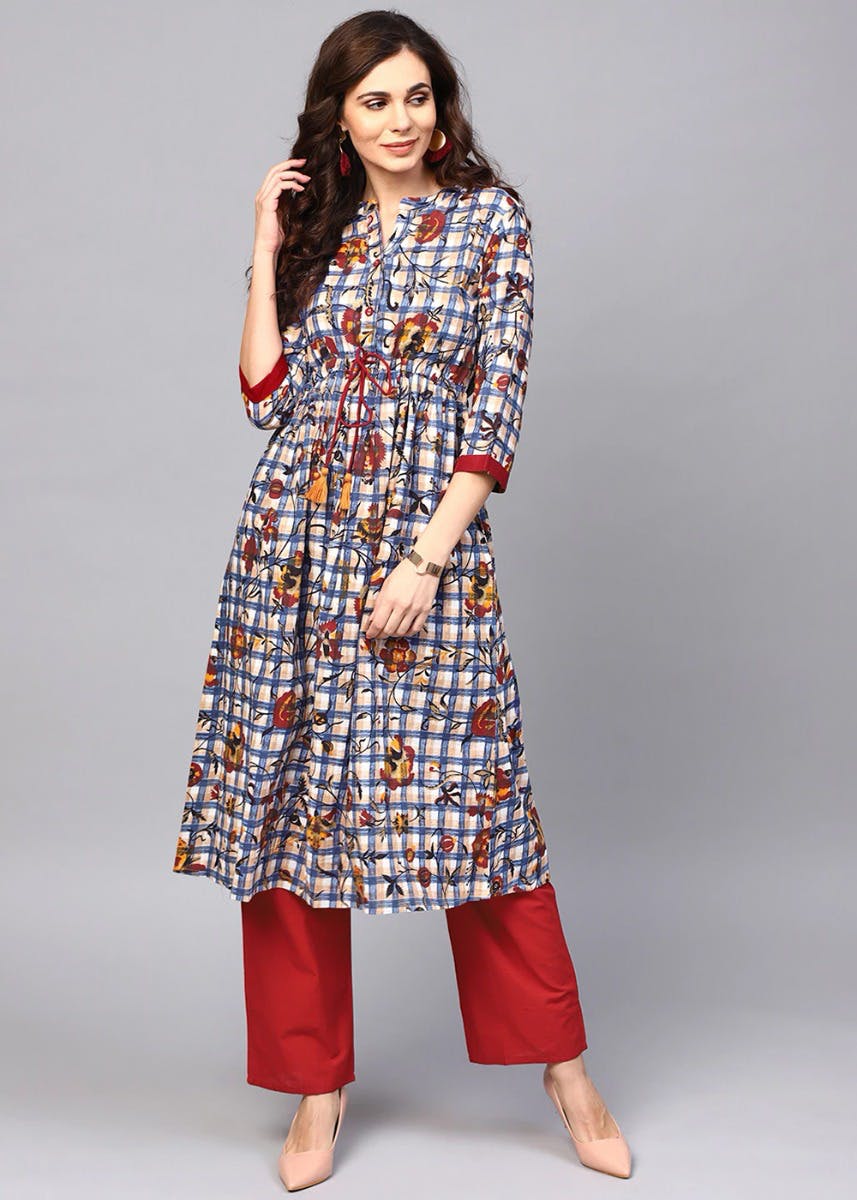 Get Checkered Floral Printed Waist Tie A Line Kurta At ₹ 1049 Lbb Shop