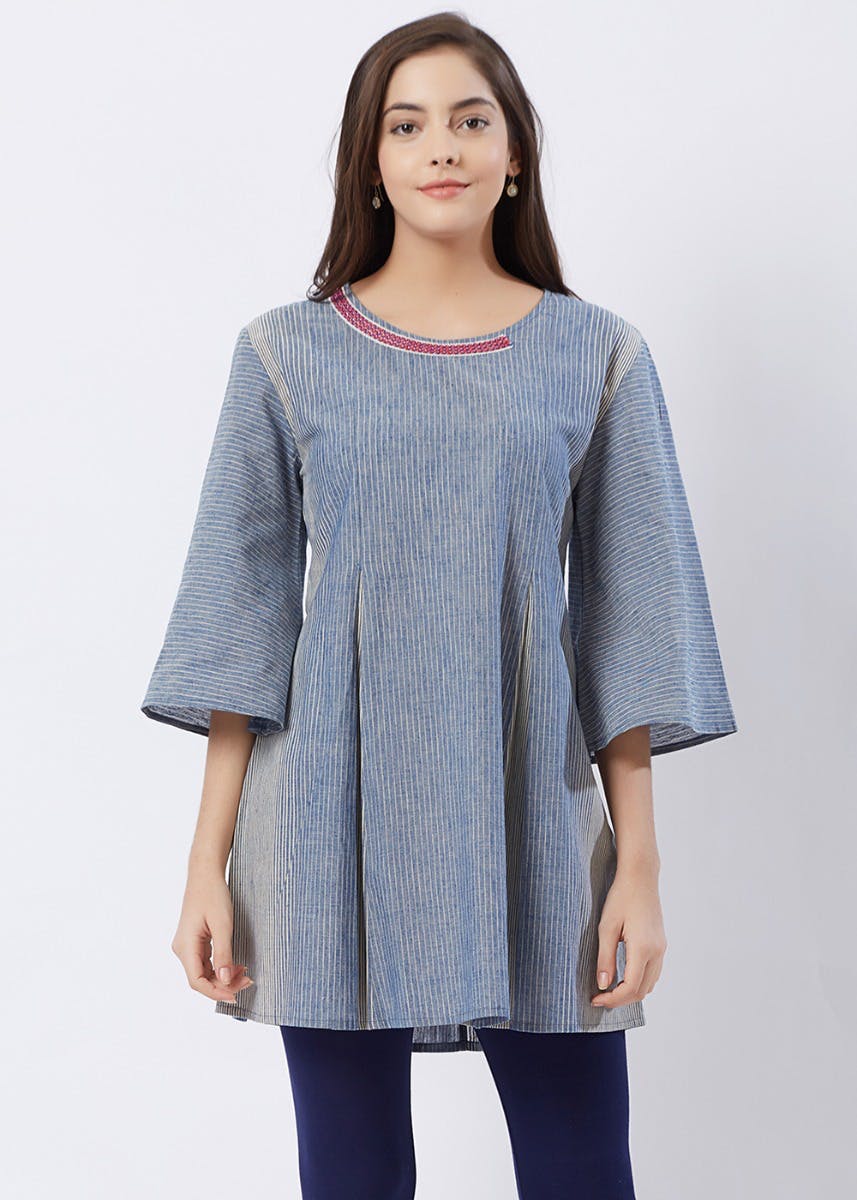 Get Striped Pleated Flared Blue Tunic at ₹ 810 | LBB Shop