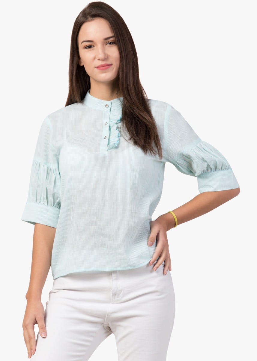 Get Solid Blue Ruffle Neck Top at ₹ 956 | LBB Shop