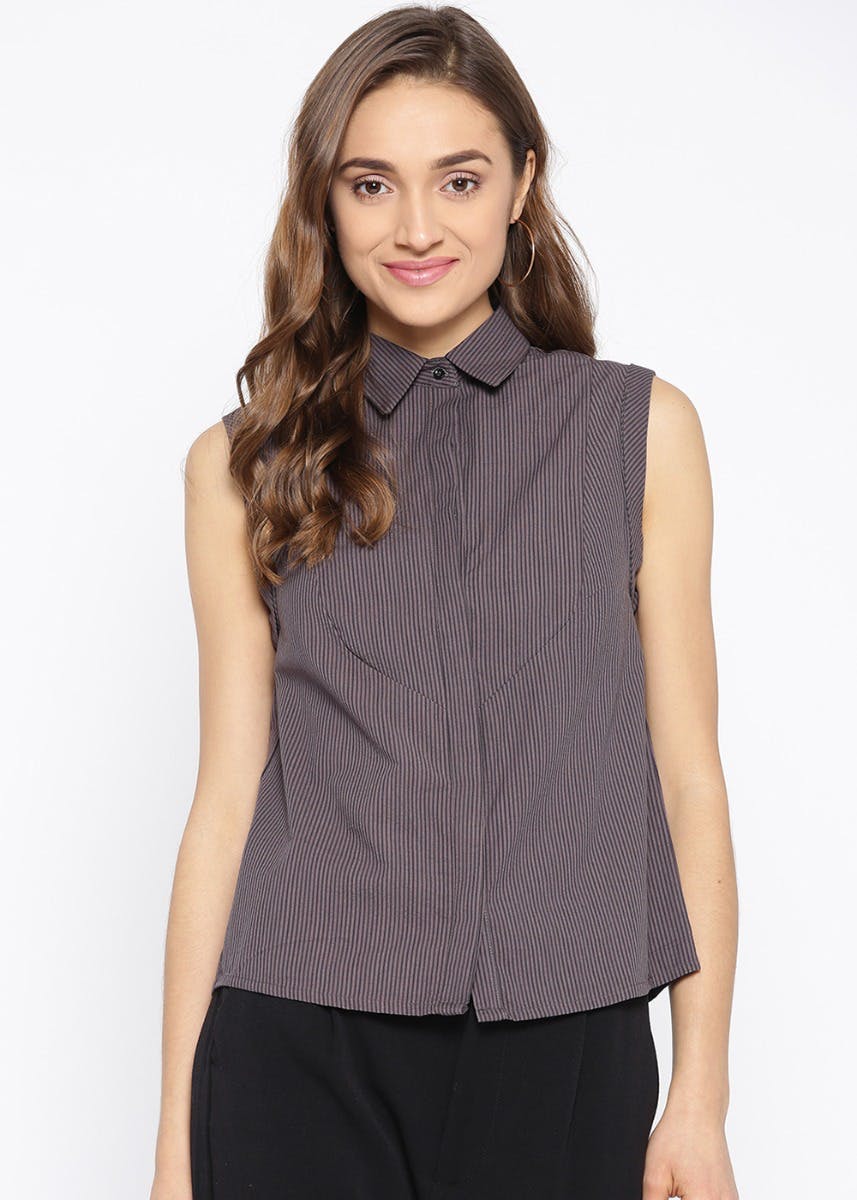 Get Striped Concealed Buttons Sleeveless Shirt at ₹ 880 | LBB Shop