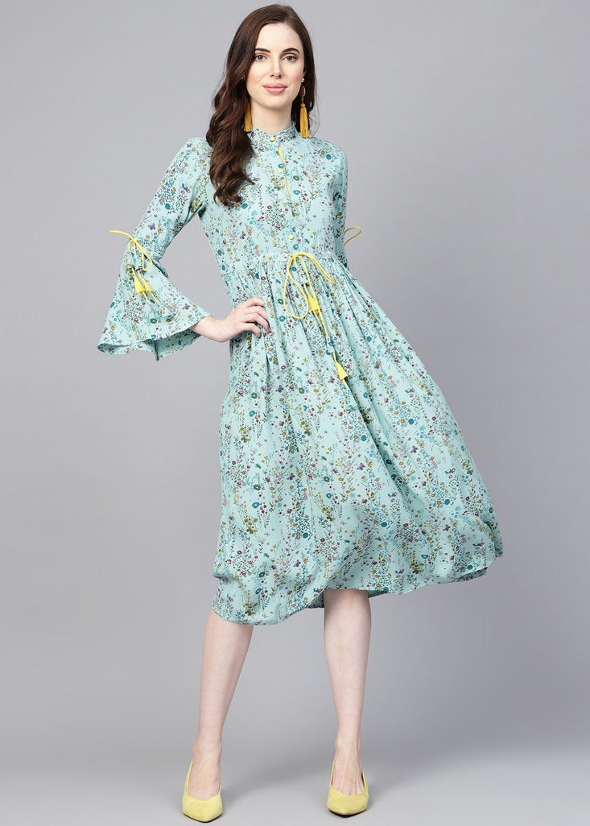 Get Printed Bell Sleeves Pleated Dress at ₹ 1600 | LBB Shop