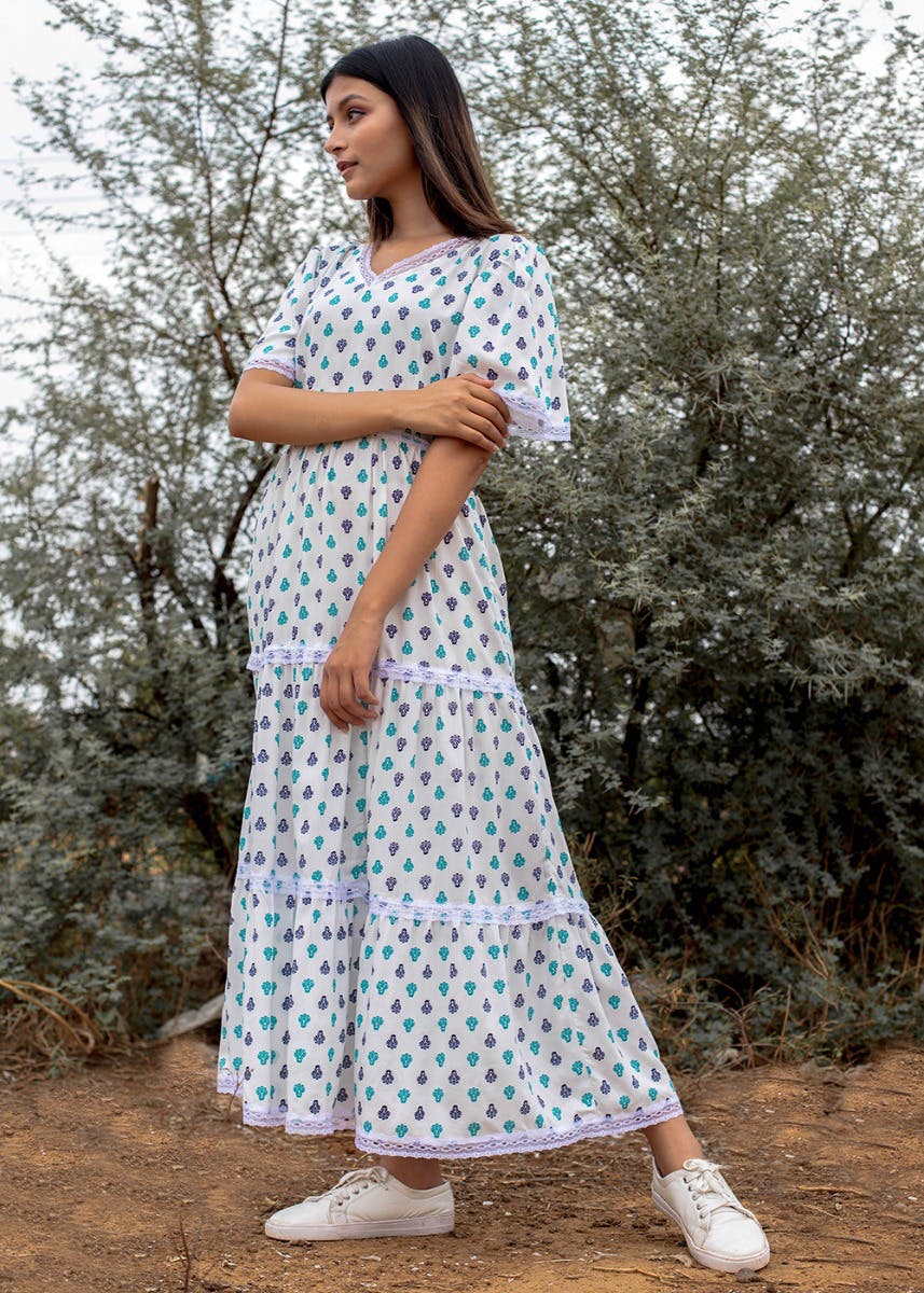 Get Motif Printed Layered Bell Sleeves Flared Dress At ₹ 1600 Lbb Shop