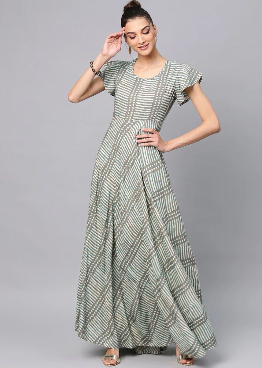 Get Contrast Striped Flared Frill Sleeves Anarkali Kurta at ₹ 1277 ...