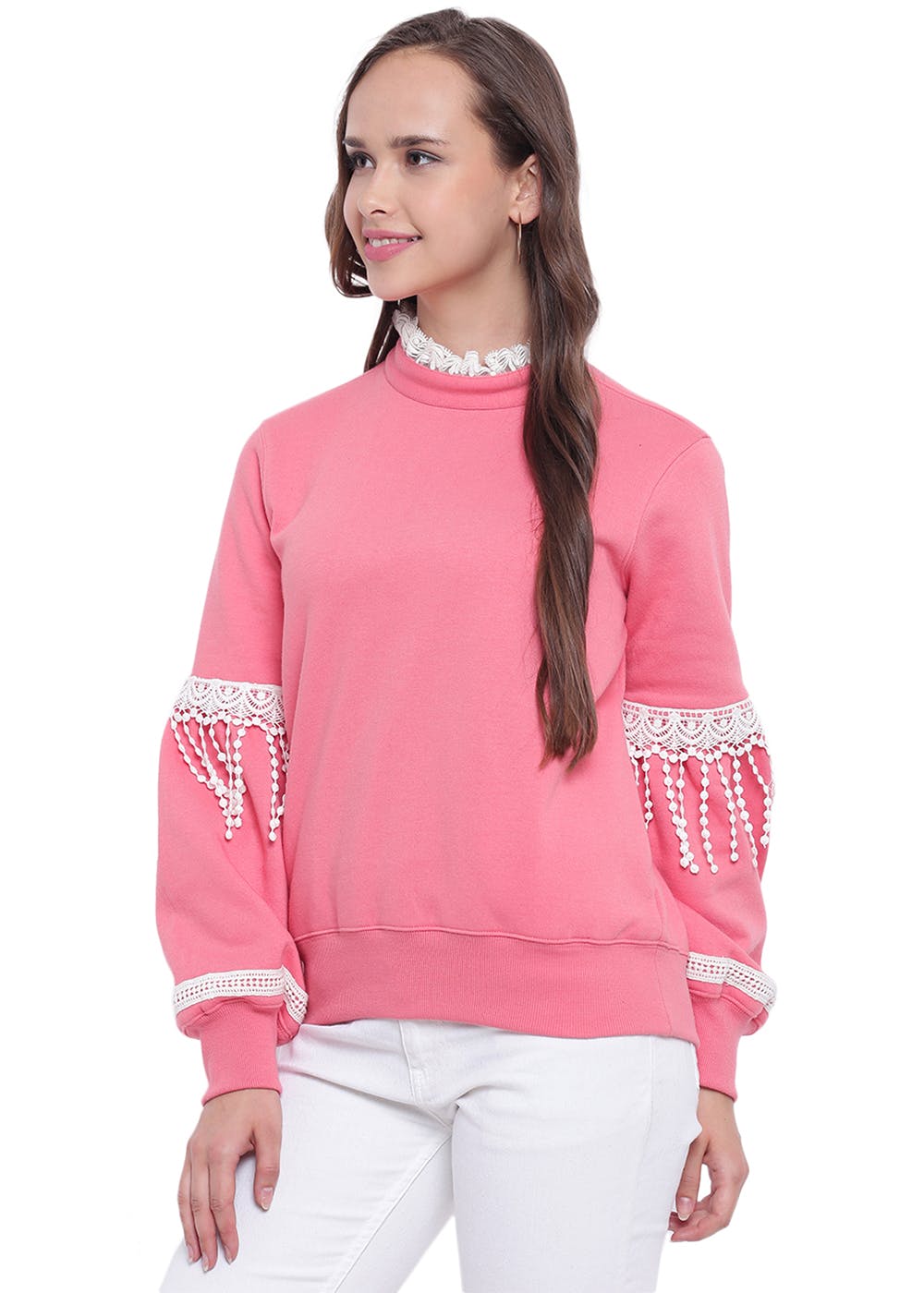 Get Lace Trim Detail Solid Sweatshirt at ₹ 1483 | LBB Shop