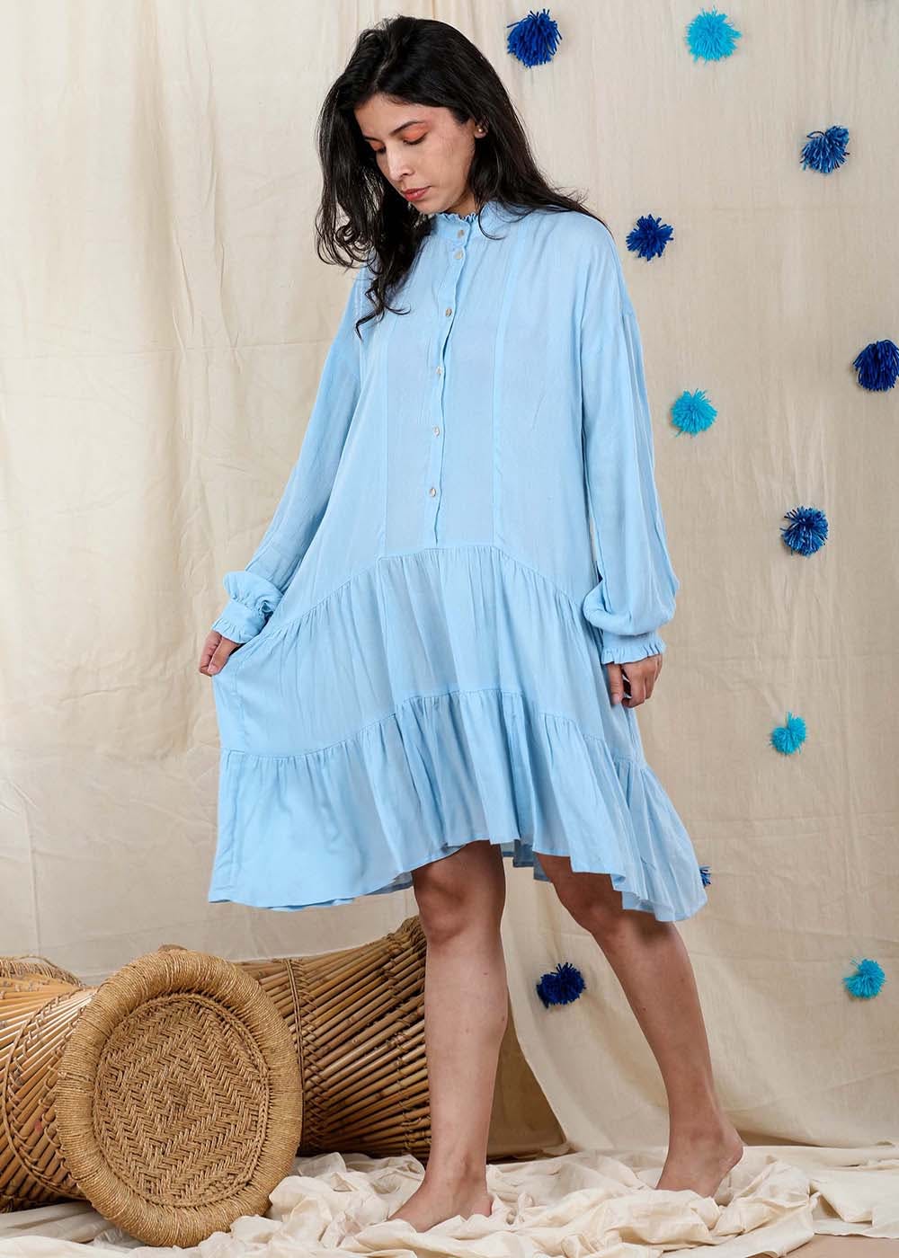 Get Pleated Layered Hem Detail Blue Tunic at ₹ 1800 | LBB Shop