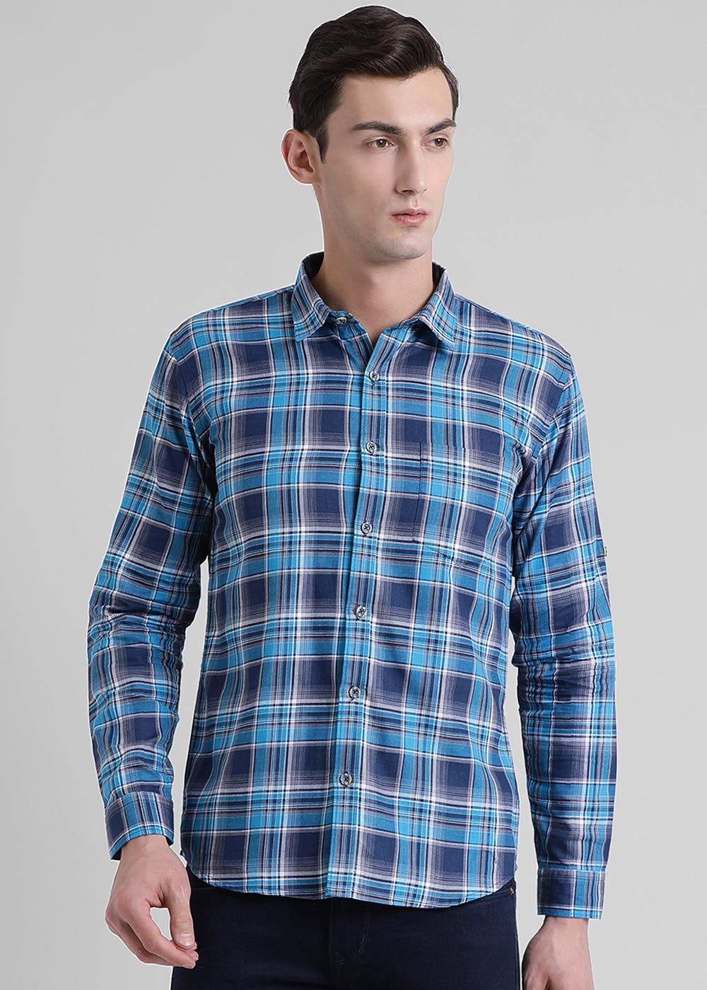 Get Pinstriped Multi Checkered Navy Shirt at ₹ 699 | LBB Shop